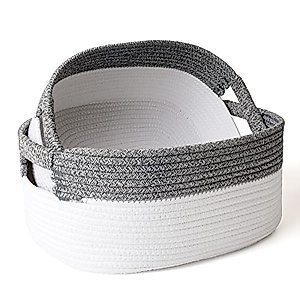 LA JOLIE MUSE Rectangle Cotton Rope Storage Basket Set of 2, Natural and Safe For Baby Kids Nursery, Two-Tone Woven Decorative Baskets, White & Gray