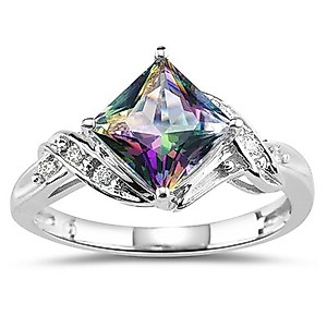 Vogati 0.06 Cts Diamond & 1.48-1.86 Cts 7 mm AAA Princess Mystic Fire Topaz Ring in 14KW Gold-7.5