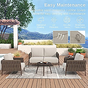 EAST OAK Life Chatter 4 Pieces Patio Furniture Set, Outdoor Furniture with Coffee Table, Patio Conversation Set Deep Seating with Thick Cushion, Backyard Porch Balcony, Chestnut Brown & Creamy Apricot