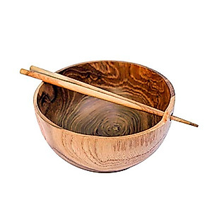 OMA Set Of Two Rice Bowls With Chopsticks Teak Wood Salad Noodle Udon Bowls