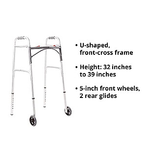 McKesson Folding Walkers with Wheels, Aluminum, 32 in to 39 in, 350 lbs Weight Capacity, 1 Count