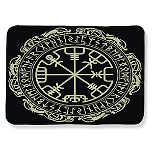 WHXM Area Rug 39x60in Magic Runic Compass Vegvisir in The Circle of Nordic Runes and Dragons Soft Flannel Microfiber Bathroom Carpet Non-Slip Floor Mat Bathtub Accessories LJN, White 0