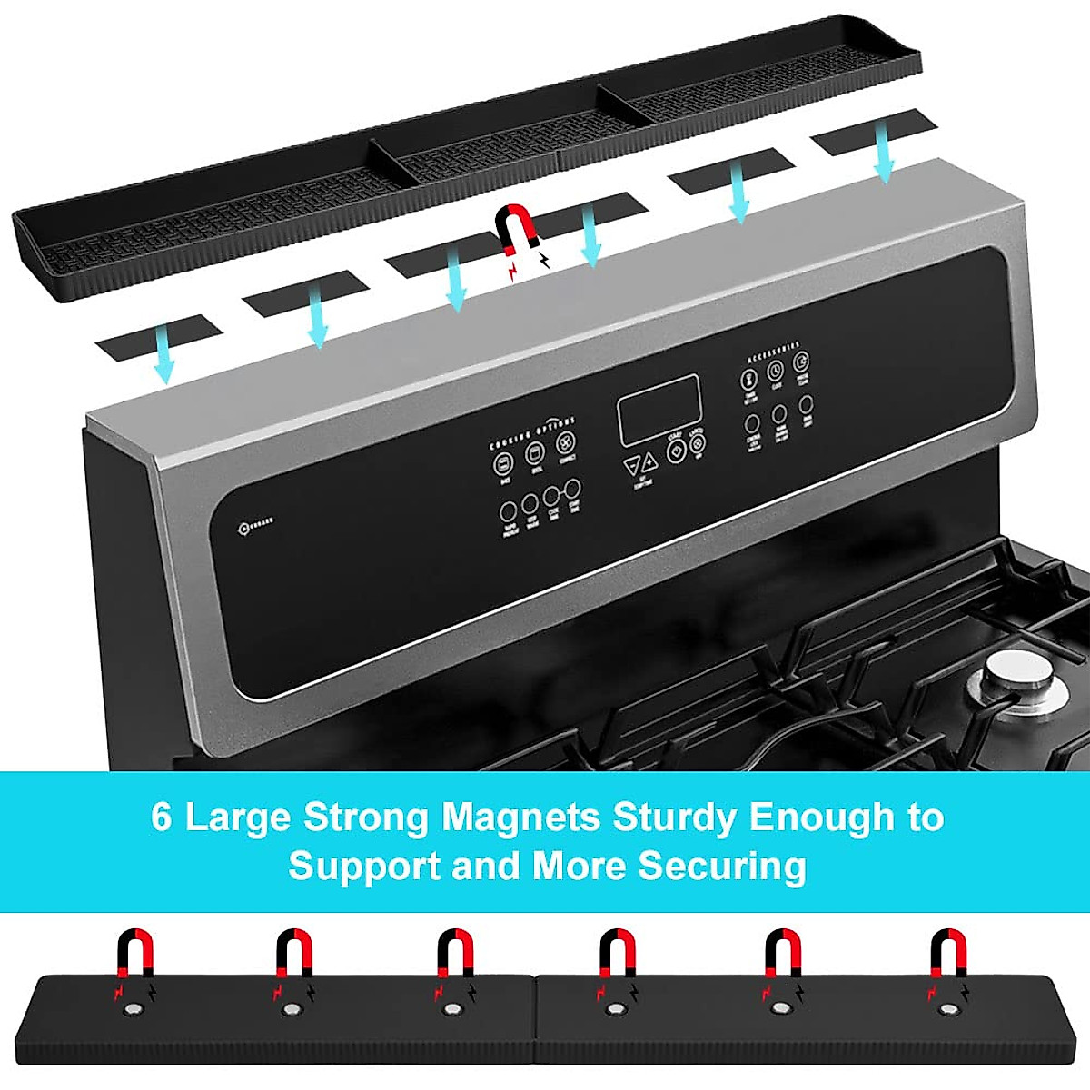 AUAUY Stove Top Shelf Magnetic, 30 inch Silicone Shelf for the Stove, Kitchen Organizer Oven Shelf Spice Rack, Stove Top Shelf With 3 Function Partitions, Stove Shelf Magnetic Shelf Of 6 Magnets-Black