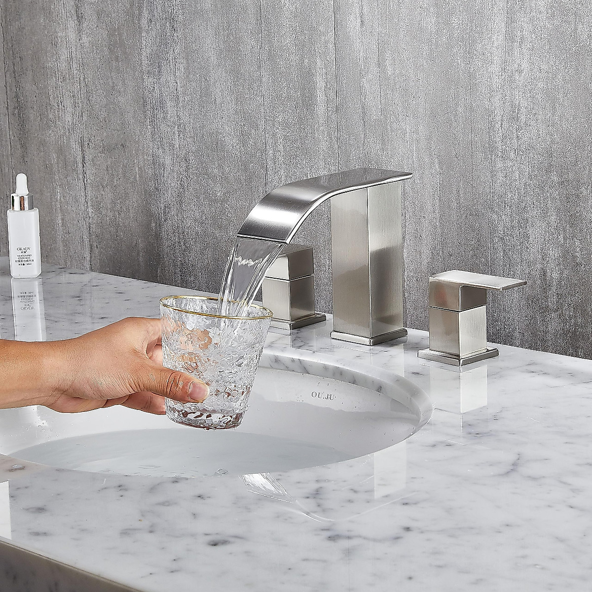 LOOPAN Bathroom Faucets for Sink 3 Hole, 8 Inch 2 Handles Widespread Bathroom Sink Faucet, Modern Bathroom Faucets with Pop-up Drain & cUPC Supply Lines