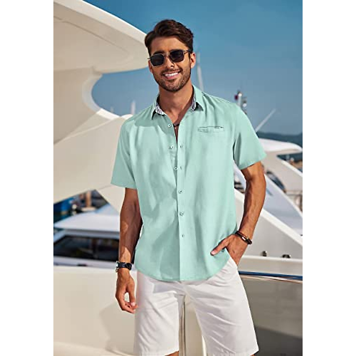 COOFANDY Men's Short Sleeve Linen Shirts Casual Button Down Shirt Summer Beach Tops Green