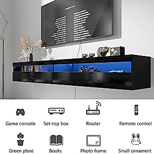 ANTISTA Floating TV Stand Up to 80 Inch TVS, 70'' Floating Entertainment Center with Led Lights, High Gloss Floating TV Shelf for Living Room Bedroom, 29 Scene Modes (Black)