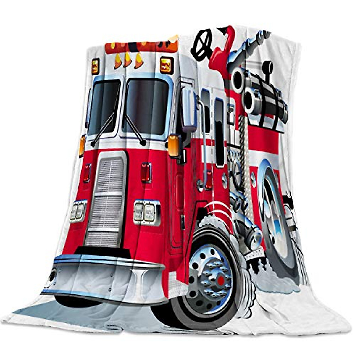 Lightweight Warm Luxury Throw Blanket Fannel Fleece Twin Size Bed Blanket Big Fire Truck Safety Rescue Team Engine Cartoon Print Super Soft Reserviber Blanket for All Season Bed Couch Sofa 39x49 Inch
