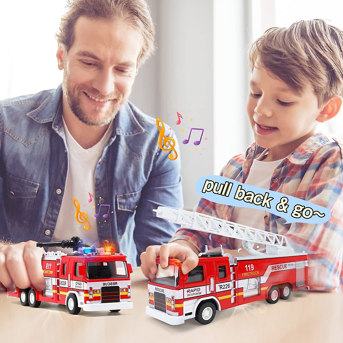 CORPER TOYS Toy Fire Truck, 3 Pack Firetruck Toys Set with Extending Rescue Rotating Ladder Water Gun Lights and Siren Sounds, Pull Back Alloy Car Toys for Toddlers Boys Girls Kids Gift