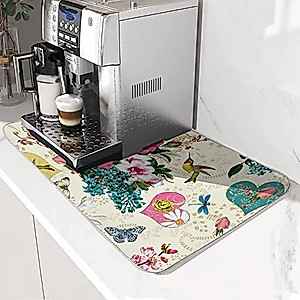 Dish Drying Mats for Kitchen Counter, TOPCARPENTER 18*24 inch Spring Flower& Hummingbirds Dish Drainer Mat, Ultra Absorbent Microfiber Dish Drying Pad for Kitchen Counter Coffee Bar
