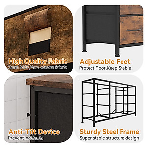 Jojoka Wide Dresser with 10 Large Drawers for 55'' Long TV Stand with Power Outlet Entertainment Center, Storage Fabric Drawer Unit for Bedroom, Closet, Entryway, Sturdy Metal Frame, Rustic Brown