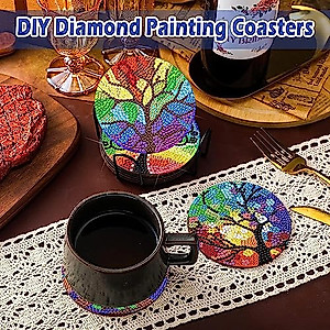 8 PCS Diamond Painting Coasters kit with Holder-Colorful Tree Diamond dot Art Coasters for Adults Kids Beginners,DIY Art and Crafts Gift