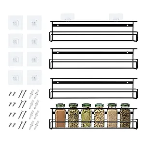 meluke Wall Mounted Spice Rack Organizer for Cabinet Door, Set of 4 Condiment Seasoning Organizer Wall Spice Rack Hanging Shelf for Spice Jars, Spice Jar Holder for Kitchen Cabinet Pantry Door (Black)