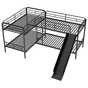 LCH L-Shaped Bunk Beds with Slide and Ladder, Metal Quad Bunk Beds, 4 in 1 Twin Size Bunk Bed for Kids, Teens, Adults, Black