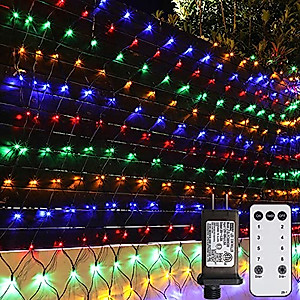 Christmas 200 LED Net Lights Plug in, 6.6ft X 9.8ft Dark Green Wire Garden Net Lights with Remote 8 Modes Timer Dimmable Mesh Light Waterproof for Outdoor Roof Wall Fence Xmas Tree Decor (RGB)