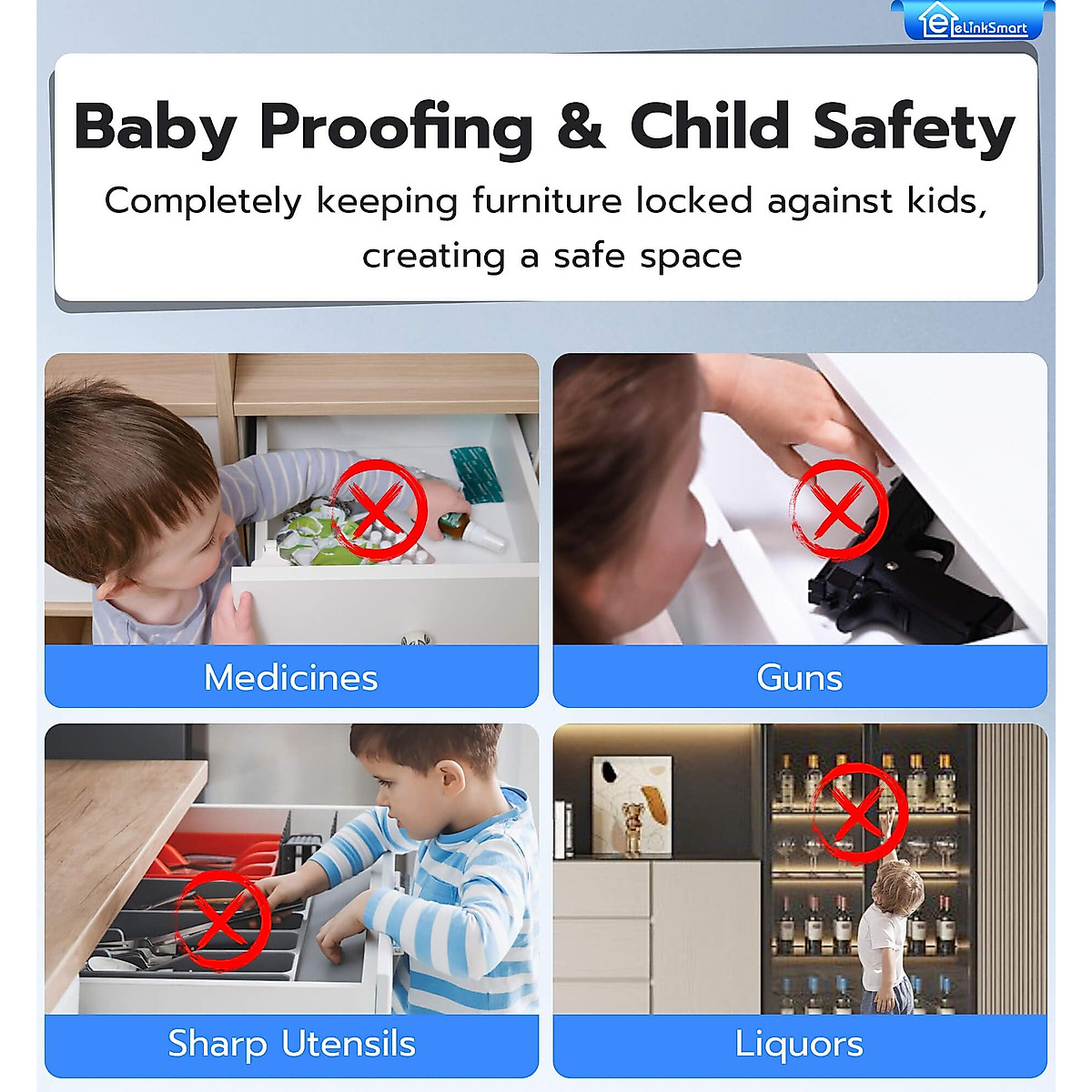 eLinkSmart Smart Cabinet Lock, Hidden No Drill Adhesive Magnetic Baby Proofing Child Proof Drawer Locks, Keyless RFID Bluetooth Cabinet Locks for Adults File Kitchen Cupboard Closet Liquor - White