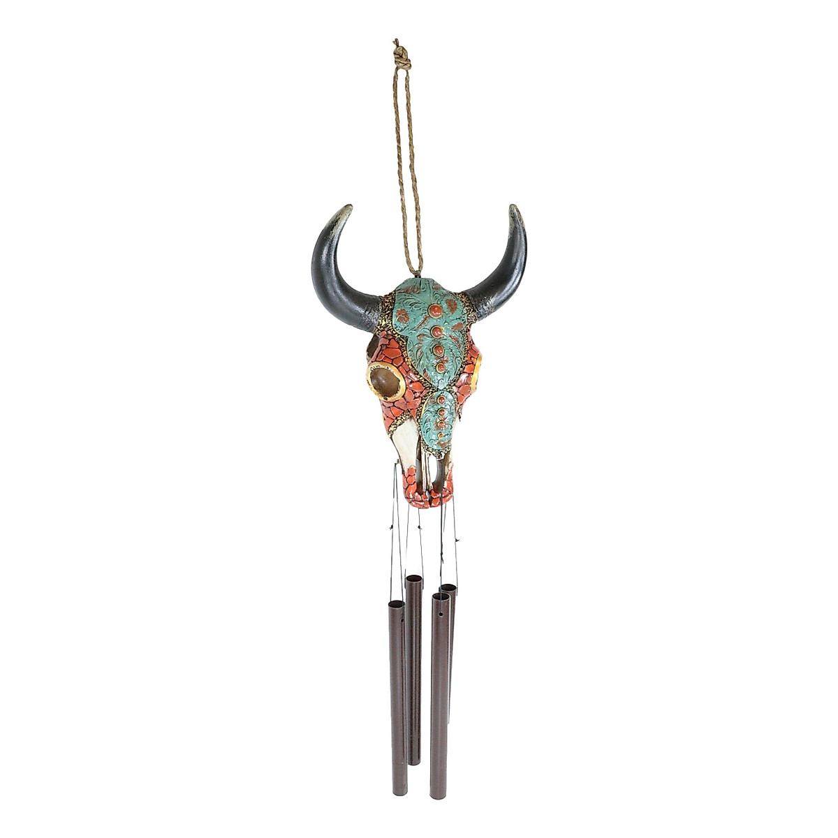 Ebros Gift Pack of 2 Rustic Western Faux Tooled Leather Ornate Bison Cow Skull with Turquoise and Ember Gems Decorative Wind Chimes Garden Patio Mobile Figurines Country Tribal Southwestern Accent