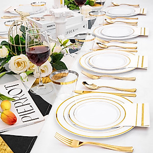GATHER 350pcs Gold Plastic Plates - Disposable Plastic Dinnerware Set Include 50 Gold Dinner Plates, 50 Gold Salad Plates, 150 Silverware, 50 Napkins, 50 Cups Perfect for Party & Wedding