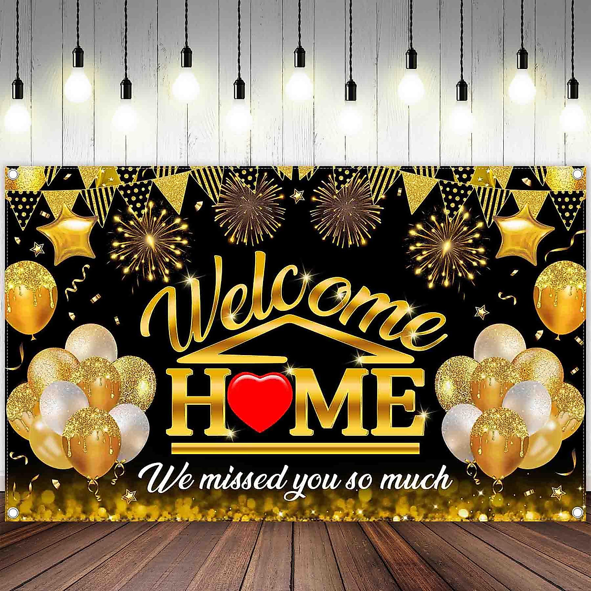 Swepuck 72x43inch Fabric Welcome Home Photography Backdrop Black Gold Family Reunion Background We Missed You So Much Party Decorations Banner Photo Shoot Props