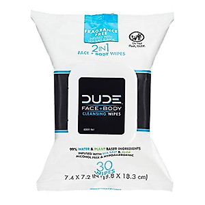 DUDE Wipes Face and Body Wipes - 1 Pack, 30 Wipes - Unscented Wipes with Sea Salt & Aloe - 2-in-1 Body & Face Wipes - Alcohol Free and Hypoallergenic Cleansing Wipes