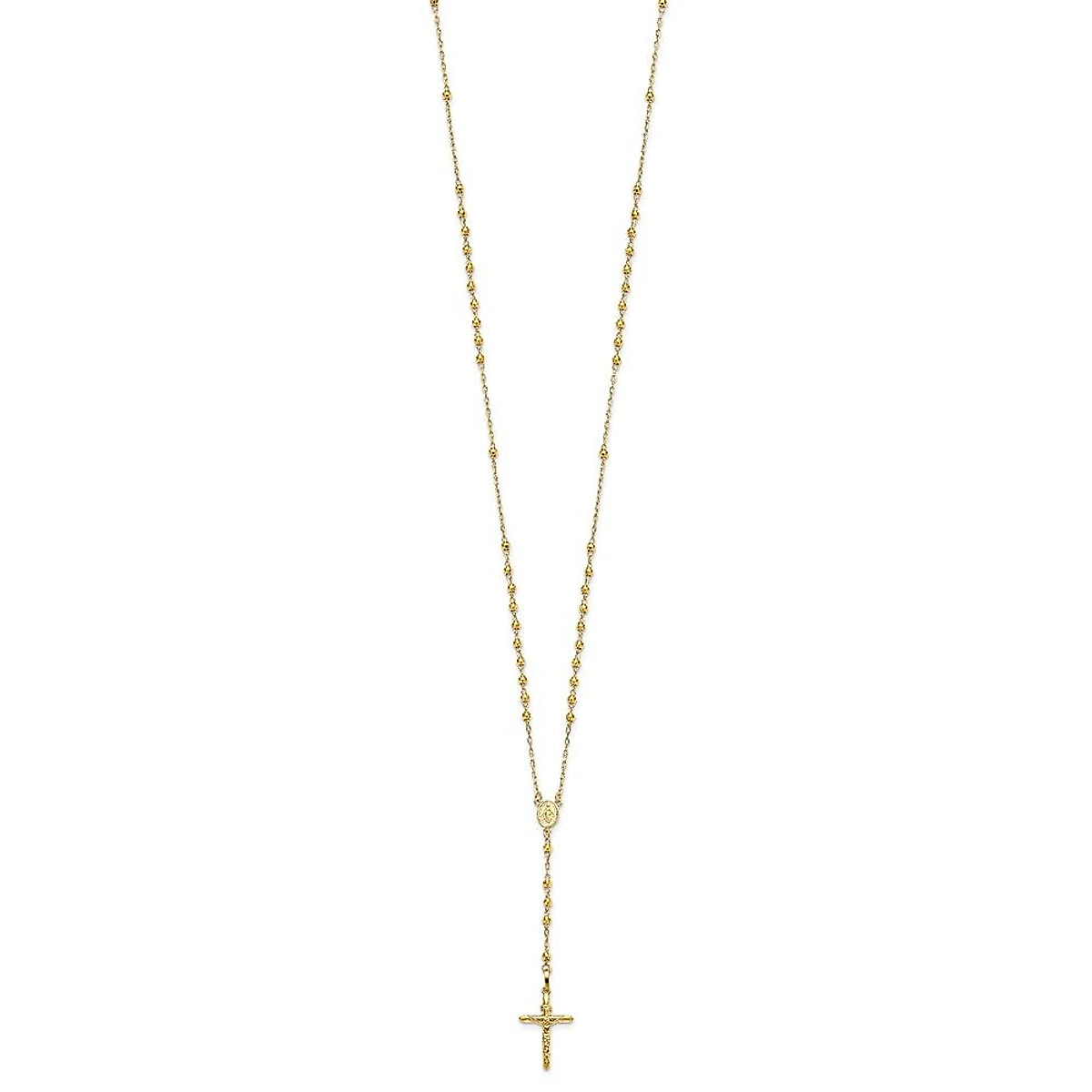 Diamond2Deal 14k Yellow Gold Diamond-cut 3mm Beaded Semi-solid Rosary Necklace Fine Jewelry Gift for Women