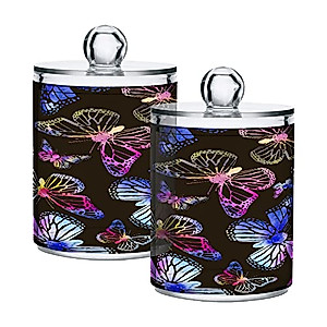 Kigai Colorful Butterfly Qtip Holder Dispenser - 14OZ Clear Plastic Apothecary Jars Food Storage Jar with Lids Bathroom Canister Organizer for Coffee, Tea, Candy, Floss (2Pack)