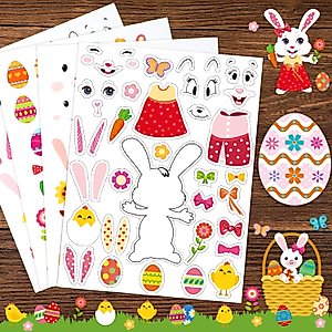 24 Easter Stickers Kids Crafts Make-A-Bunny Stickers, Rabbits Eggs Baskets Sticker Game Easter Stickers for Easter Theme Party Decoration Supplies Favors Fun Craft Project