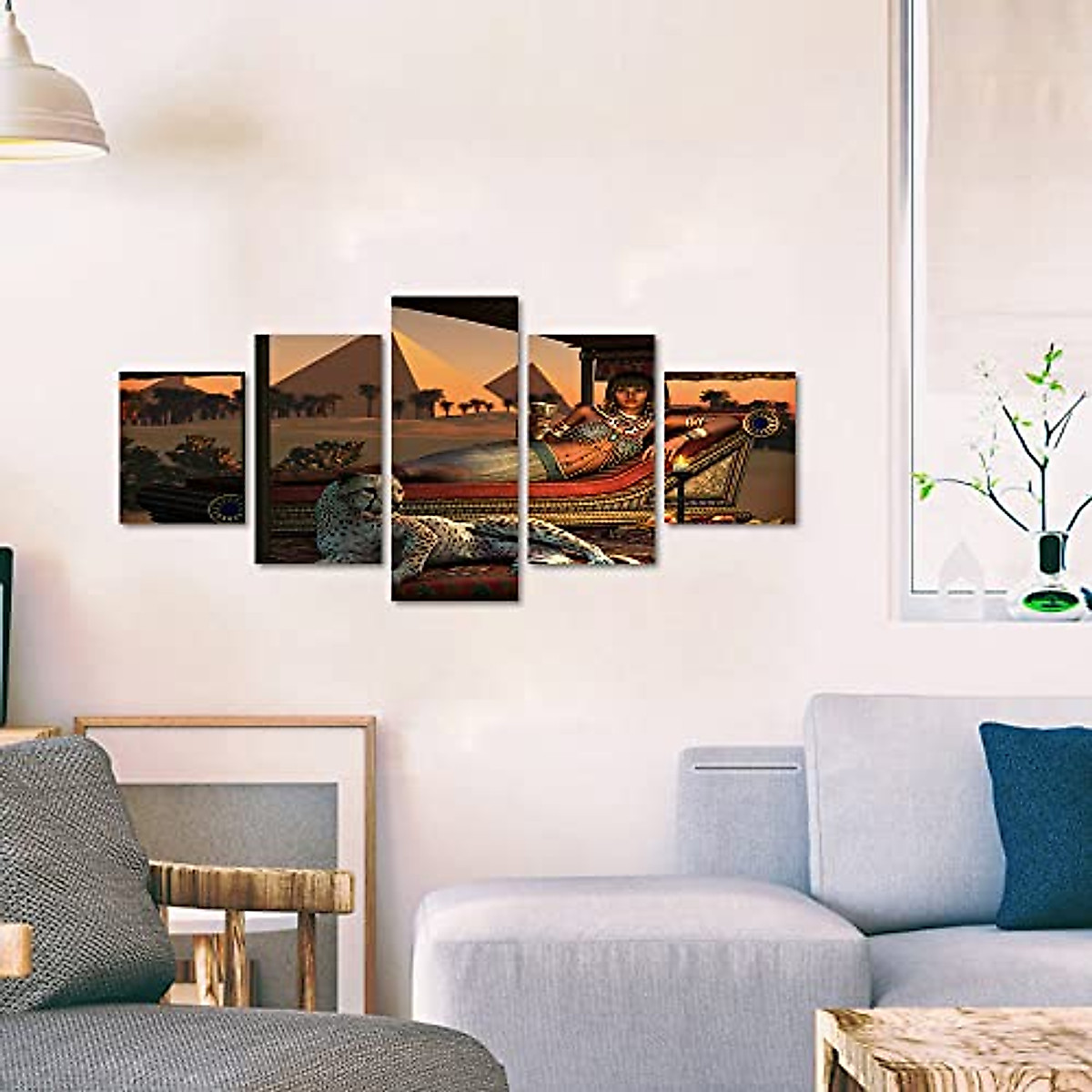 An Sexy Ancient Egyptian Lady and a Tame Cheetah Artwork Ancient Egypt Beauty and Pyramid Framed Ready to Hang-50 Wx24 H