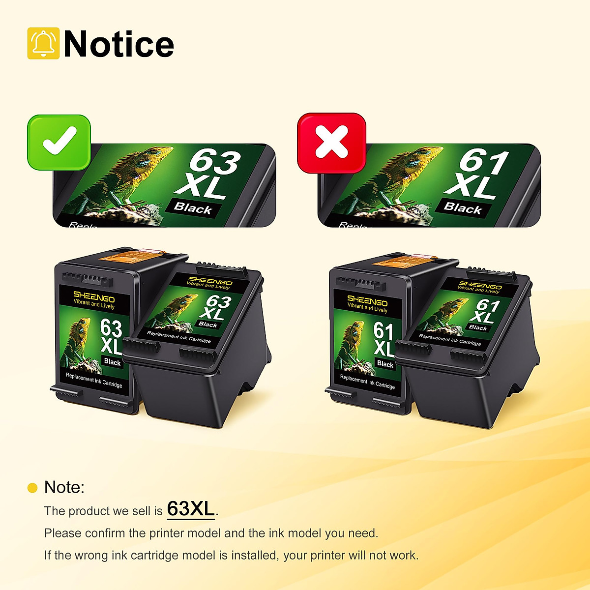SHEENGO 63XL Black Ink Cartridge Replacement for HP 63 Works with DeskJet 1112, 2100 Series, 3600 Envy 4500 OfficeJet 3800 4600 5200 Series F6U62AN, 2 Pack