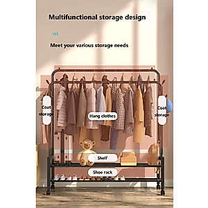 Double Garment Rail with Top Rod and 2-Tier Shelves Heavy Duty Stainless Steel Clothes Rack with Castors for Everyday Home Dormitory Hotel Adds Instant Closet Space (Color : Black, Size : 135CM)