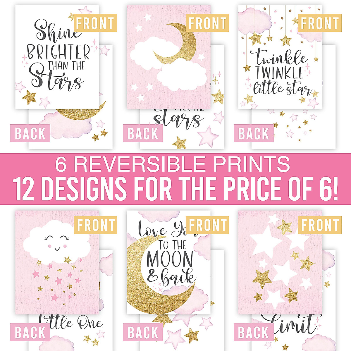 Hadley Designs 6 Reversible 8x10 Moon and Stars Nursery Decor Prints, Shower Decorations, Moon and Stars Wall Decor For Baby Girl Nursery Wall Art, Baby Girl Nursery Wall Decor For Girls Bedroom