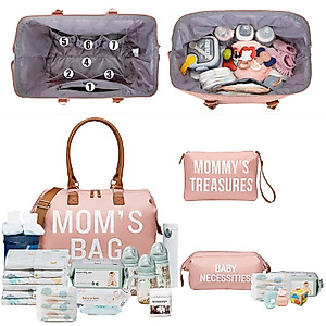 printe Mommy Diaper Bag Tote for Girls with 2 Organizer Pouches, Large Capacity Mom's Bag for Hospital and Weekender Travel, Pink