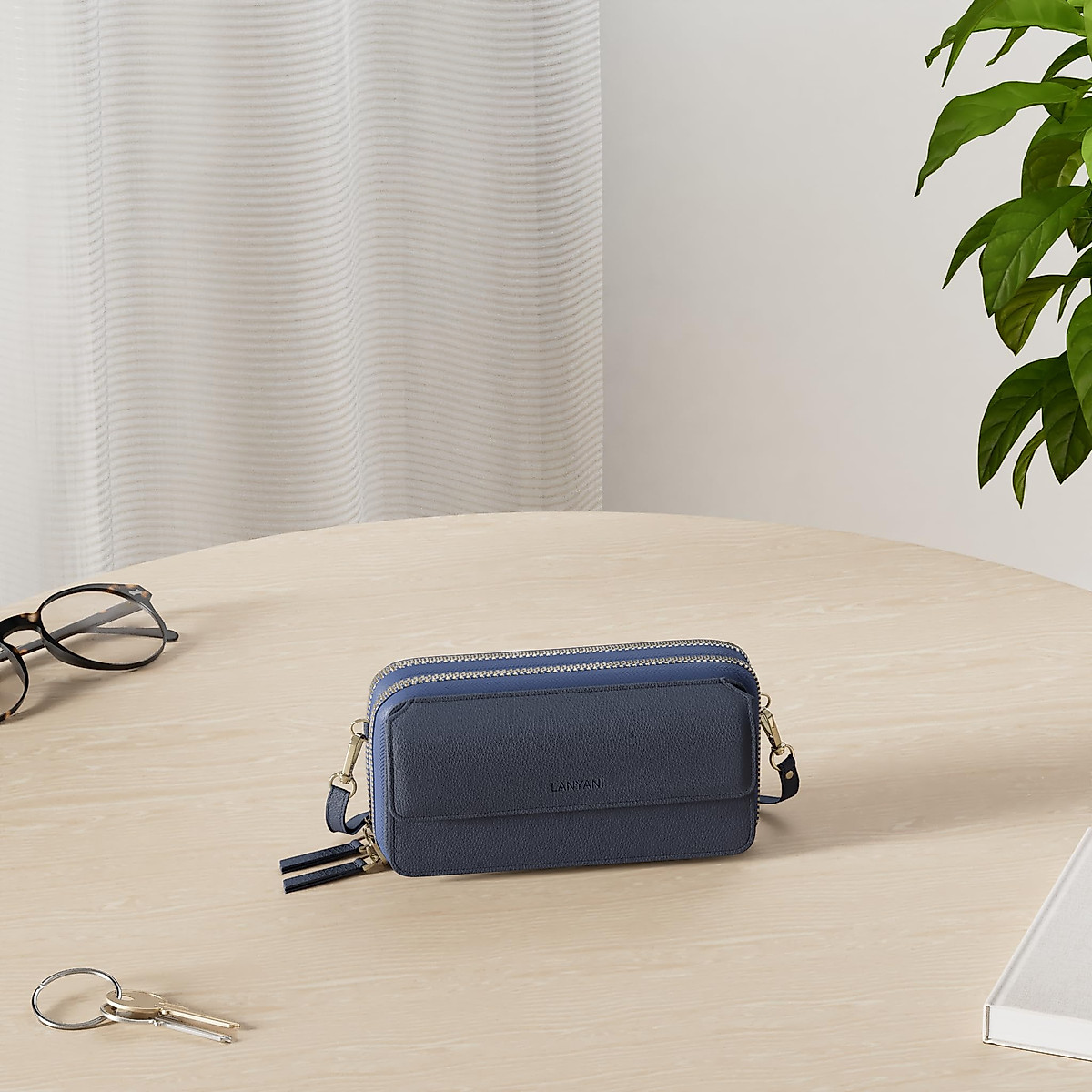 Women Crossbody Wallet RFID Blocking Cell Phone wristlet Purse with shoulder strap small crossbody bag (Navy blue)