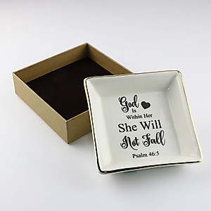 JoycuFF Religious Gifts for Women Inspirational Christian Jewelry Trinket Dish Birthday Gifts for Sister Daughter Mother Aunt Christians God Is Within Her She Will Not Fall