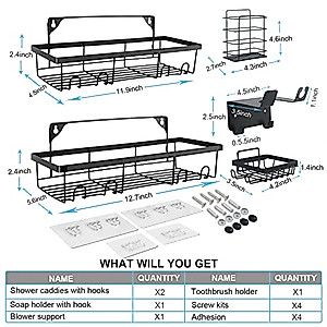 YULIFST 5Pack Shower Caddy Shower Shelves Shelf with Hooks Storage Rack Organizer Stainless Steel Caddy with Hairdryer Holder Soap Holder and Toothbrush Holder for Bathroom, Washroom, Kitchen (Black)