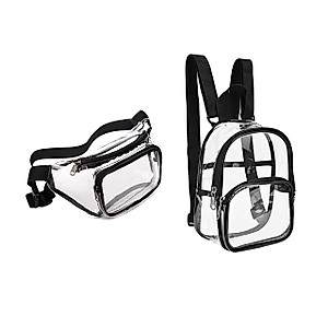 AWXZOM mini Clear Backpack + clear Fanny Pack stadium approved, Waterproof Transparent Backpack with Adjustable Straps for School Work Sports Event Travel Concert approved