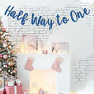 Halodete Half Way to One Banner, Baby 6 Months Banner, Baby Shower, Half 1/2 Birthday Party Garland Bunting Decorations - Blue Glitter