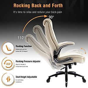 EZAKI High Back Office Chair-Flip-up Arms Executive Computer Desk Chair, Built-in Lumbar Support Thick Padded Adjustable Rock Tension Ergonomic Design for Back Pain (Beige)