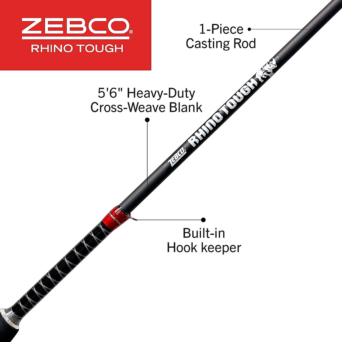 Zebco Rhino Tough Casting Fishing Rod, 5-Foot 6-Inch 1-Piece Heavy-Duty Cross-Weave Fishing Pole, Comfortable EVA Rod Handle, Heavy-Duty Guides, Stainless Steel D-Frame Tip Guide, Medium Power, Black
