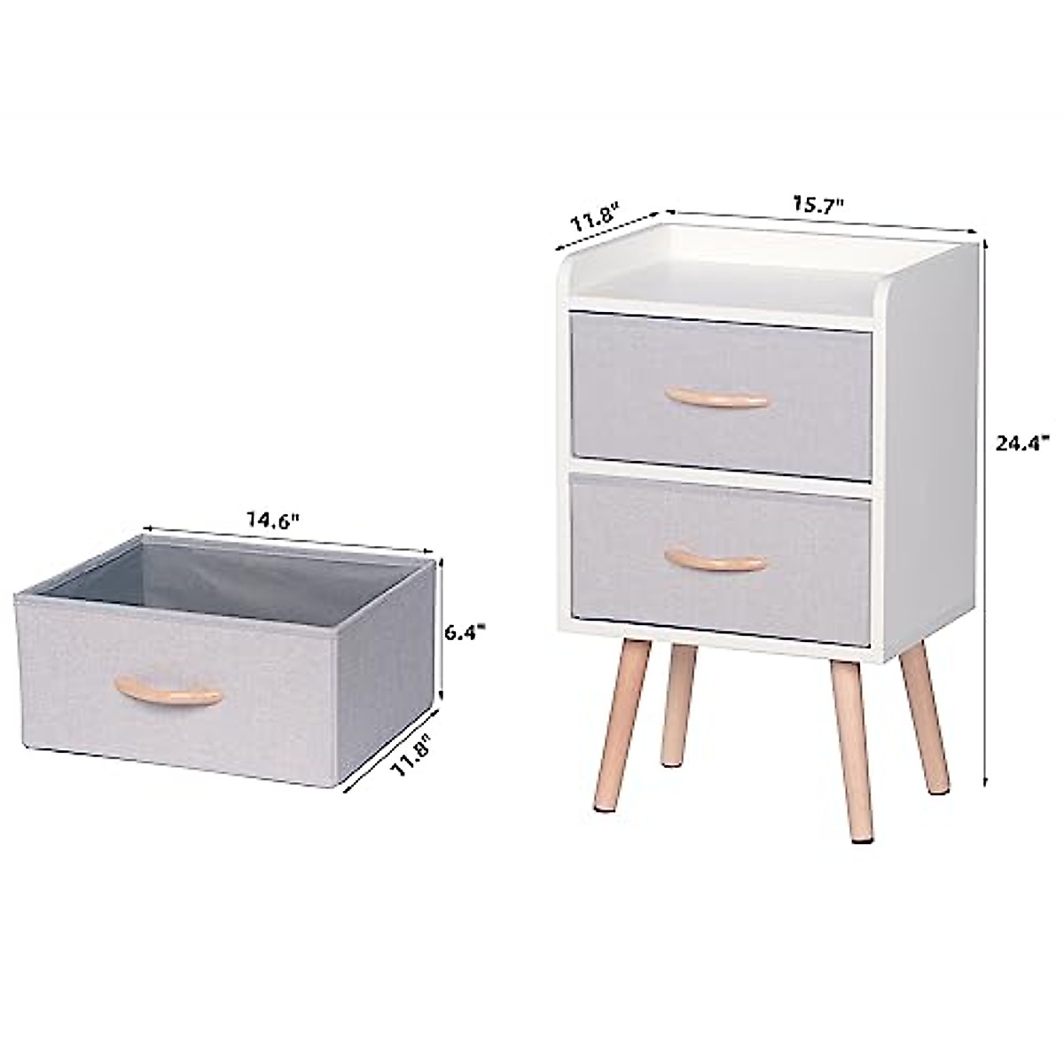 LUCKNOCK NightStand with 2 Fabric Drawers, Bedside Table with Solid Wood Legs, Minimalist and Practical End Side Table for Bedroom, White.