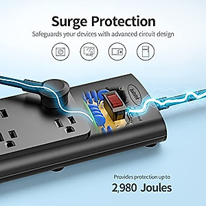 Power Strip with Wireless Charger, Bototek Power Strip Surge Protector (2980 Joules) Wireless Charger with 8 AC Outlets and 4 USB Ports,1875W/15A, 6 ft Extension Cord (8 Outlets)