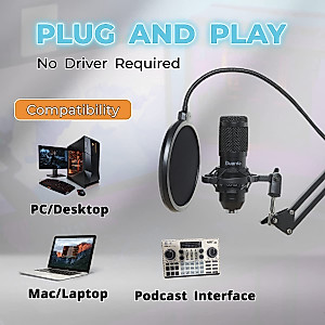 Studio Condenser USB Microphone Computer PC Microphone Kit with Adjustable Scissor Arm Stand Shock Mount, for PC Computer Recording Podcasting YouTube Karaoke Gaming Streaming Teaching Guarda GD100