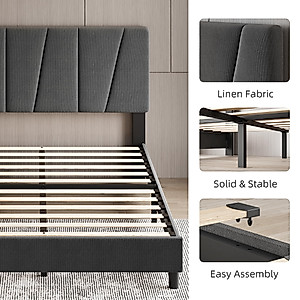 GarveeHome Twin Size Bed Frame with Adjustable Headboard, Linen Upholstered Twin Platform Bedframe with Strong Wooden Slats, Mattress Foundation, No Box Spring Needed, Easy Assembly, Dark Grey