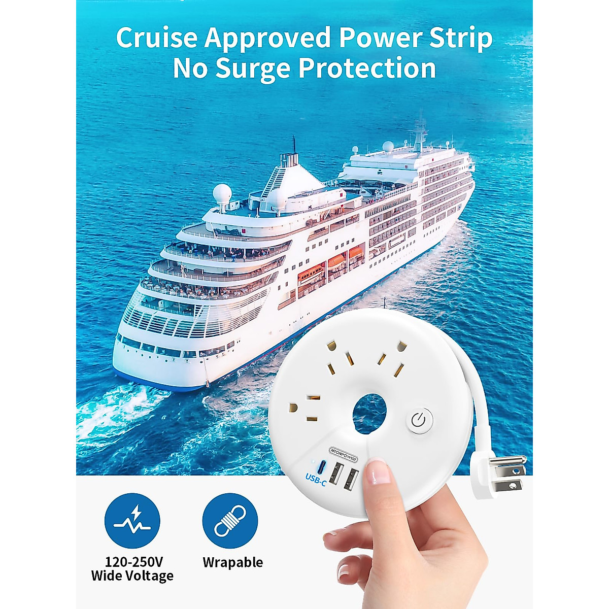 NTONPOWER Travel Power Strip with 3 USB Ports(1 USB C), 3 Outlets,i-Donut Power Strip Flat Plug Extension Cord 1ft Portable Power Strip for Cruise Ship Hotel, Airport,White