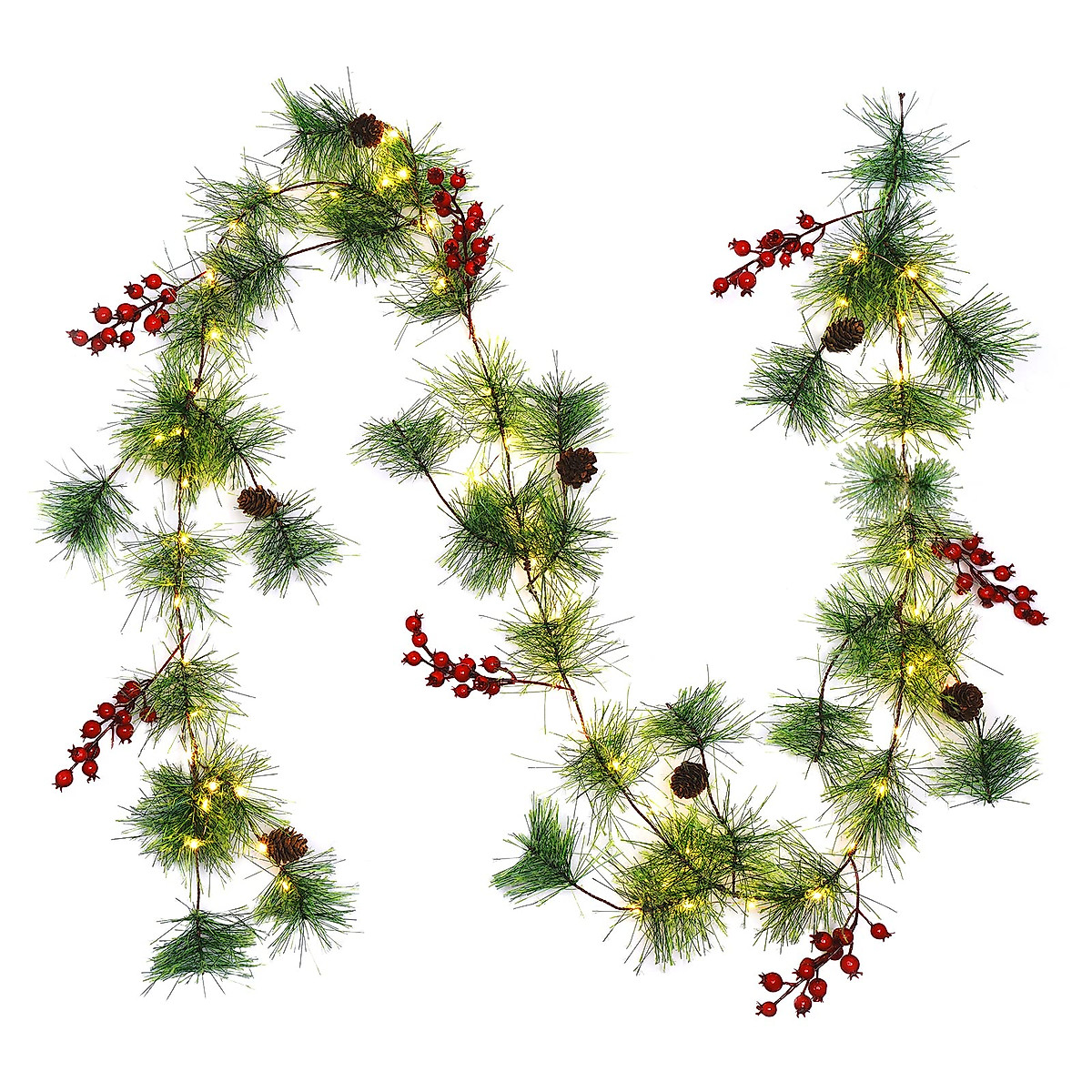 KaKaPops Christmas Garland with Lights, 6 FT Battery Operated Garland with 60 LED Lights, Timer, Lighted Garland with Berries Pine Cones for Mantle Stairs Railing Home Xmas Decoration Indoor