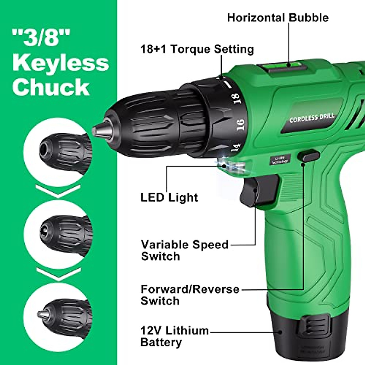 Tegatok Power Drill Cordless, 12V Cordless Drill with Battery and Charger, Electric Drill with Variable Speed and 18+1 Torque Setting, 25 Drill Bits for Drilling and Screwing