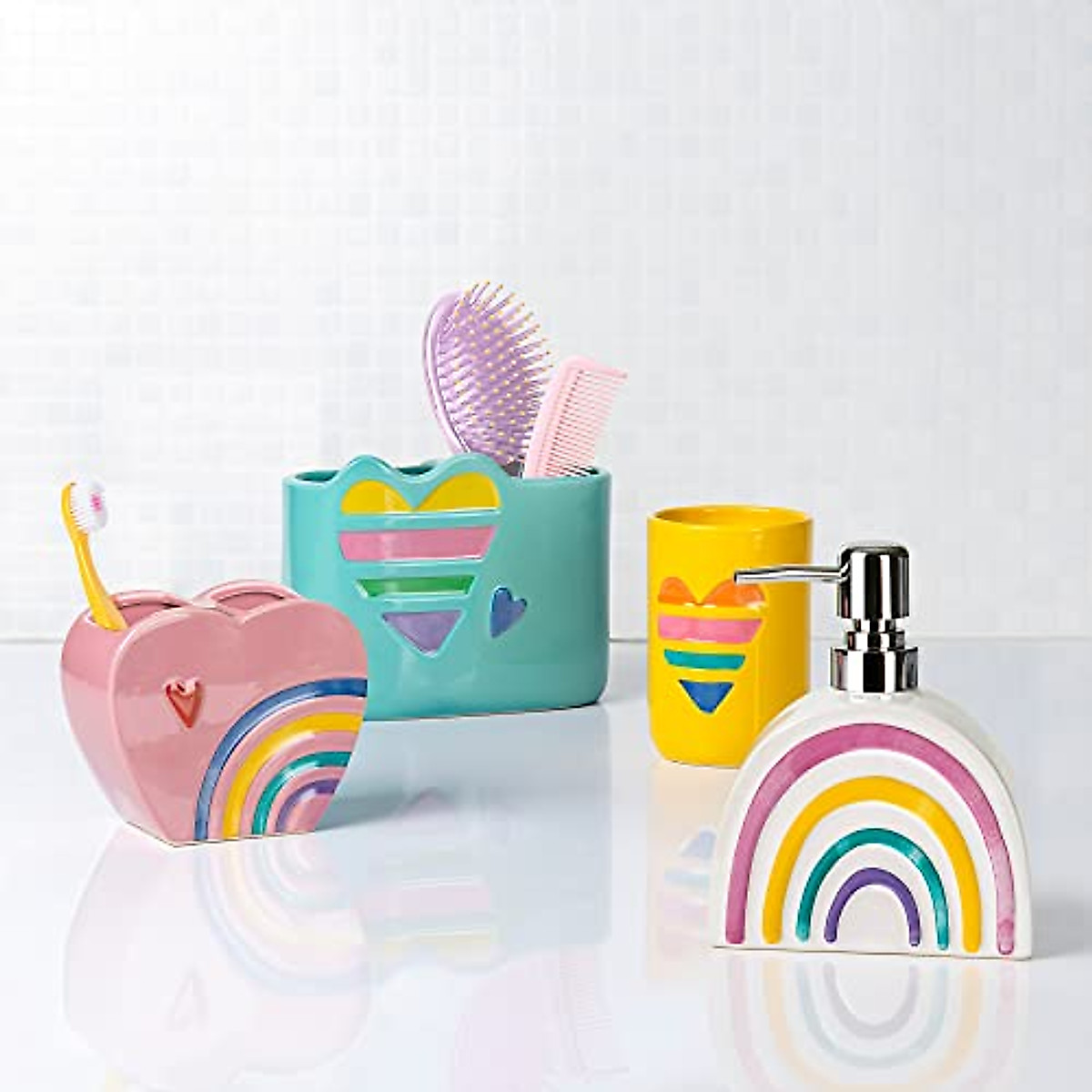 Allure Home Creation Rainbow Hearts 4-Piece Ceramic Bathoom Accessory Set