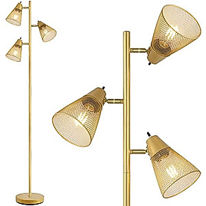 Industrial Floor Lamp,Standing Lamp,Gold Tree Floor Lamp with 3 Adjustable Rotating Lights, Independent Control, 3PCs LED Bulb Included, Tall Pole Lamps for Living Room, Bedroom, Home, Office