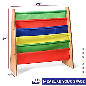 Sagler Toddler Book Shelf Organizer - Wooden Kids Book Case Storage & Magazine Rack with 5 Multicolored Nylon Fabric Shelves - Easy-to-Reach Kids Bookshelf for Nursery, Bedroom, Playroom, Classroom