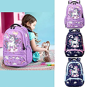 Dafelile Backpack Unicorn for Girls School Preschool Backpack for Girls School Bookpack Set with Lunch Bag Pencil Bag(Purple)