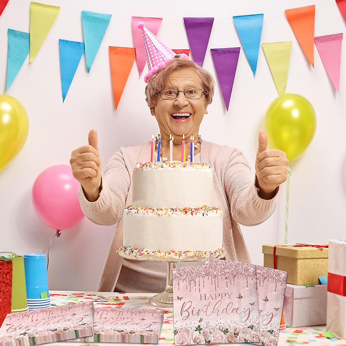 Pink Rose Gold Birthday Party Supplies - 40Pcs Birthday Napkins Disposable Rose Gold Foil Paper Napkins Rose Gold Theme Birthday Party Decoration for Girls 50th 60th Women Birthday Party